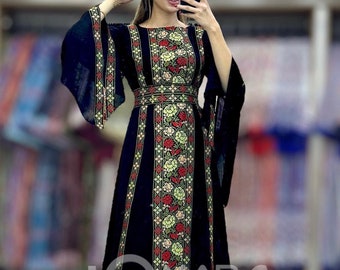 Palestinian Thobe Embroidered Maxi Dress Long Sleeves Kaftan ...