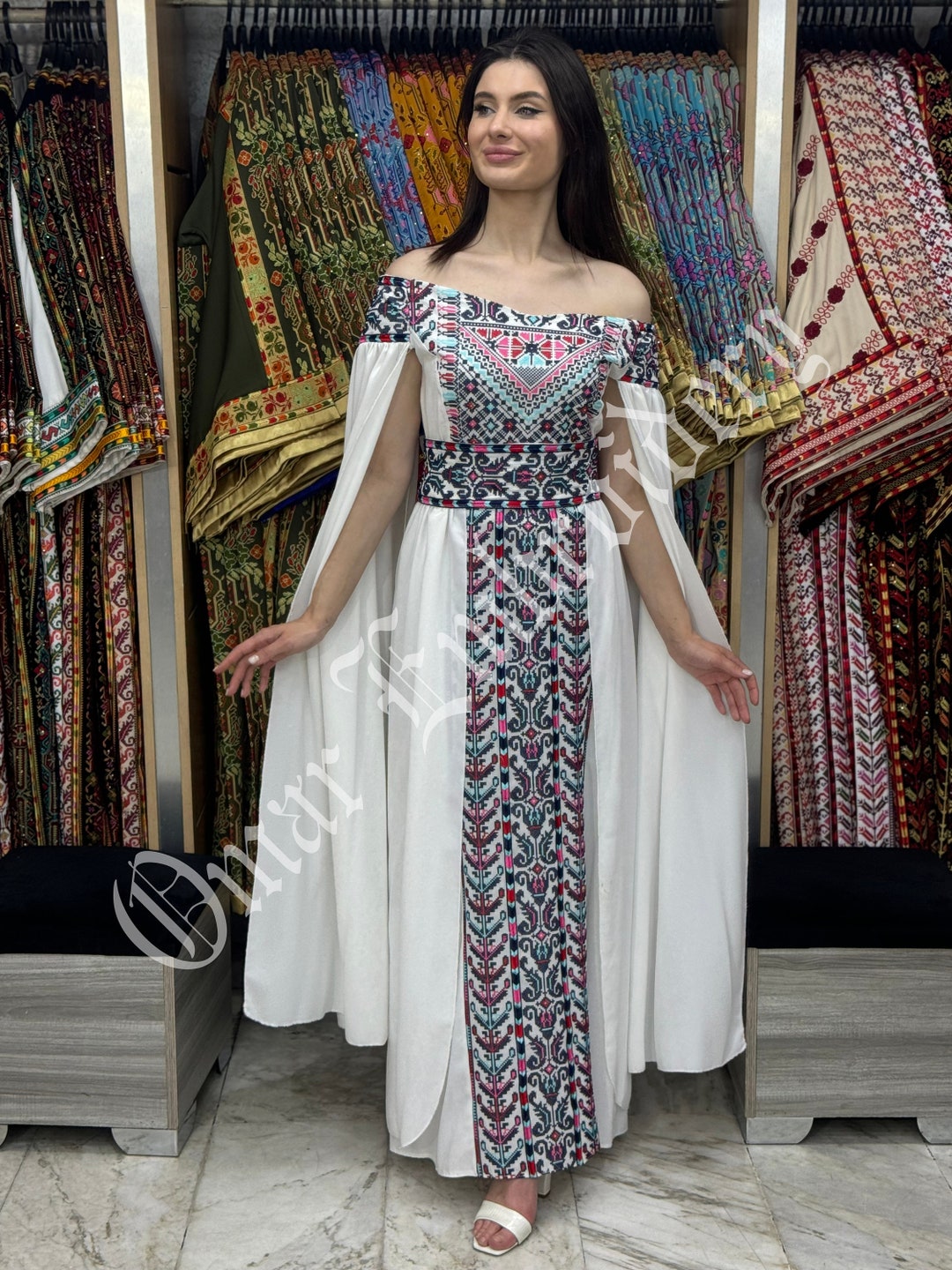 Palestinian Thobe Abaya Embroidered Maxi Dress Long Sleeves Kaftan ...
