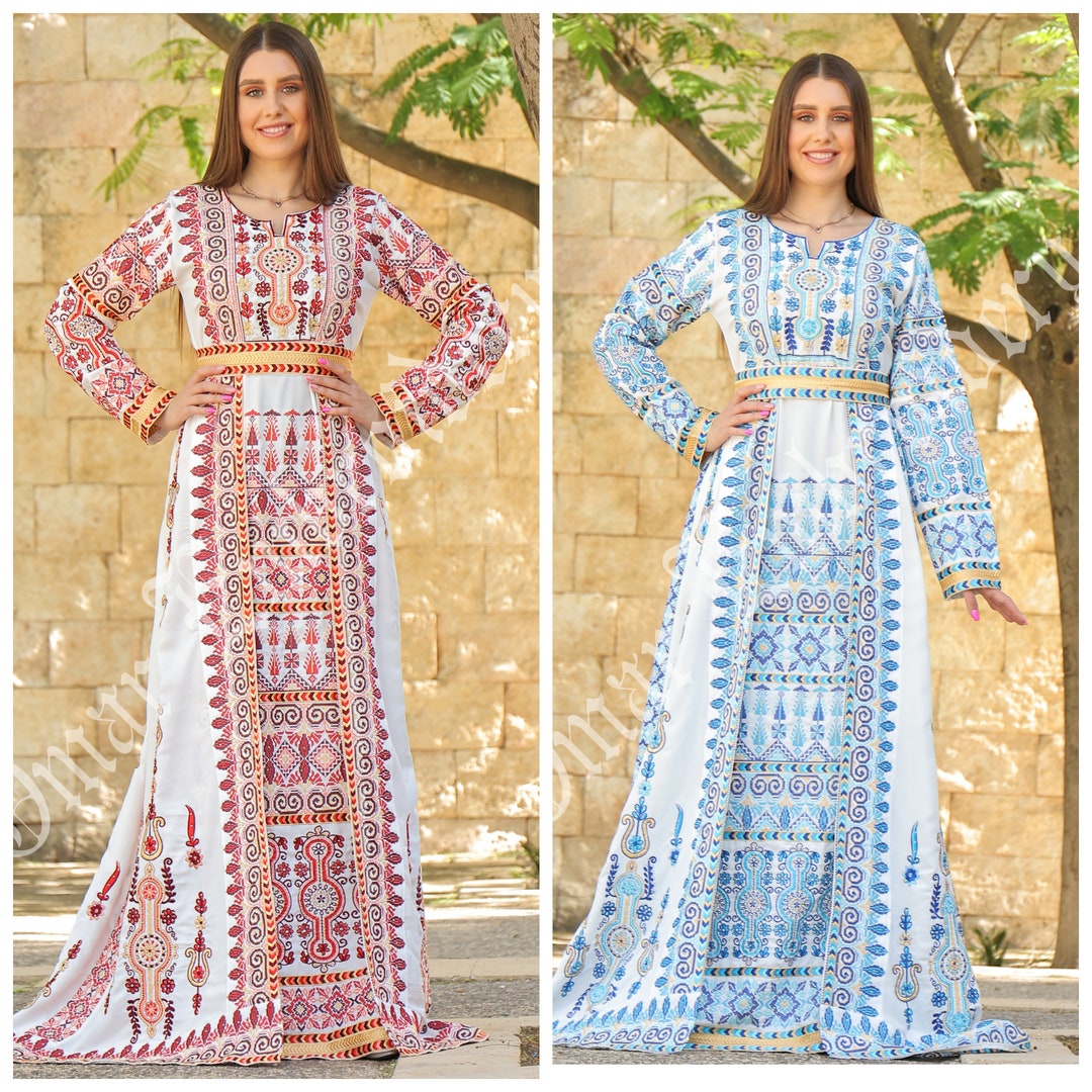 Palestinian Thobe Embroidered Maxi Dress Long Sleeves Kaftan ...