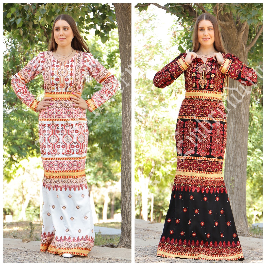 Palestinian Thobe Embroidered Maxi Dress Long Sleeves Kaftan ...