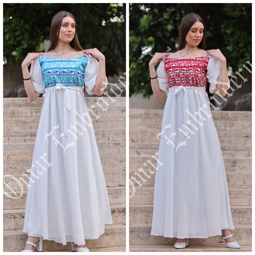 Palestinian Thobe Abaya Embroidered Maxi Dress Long Sleeves Kaftan ...