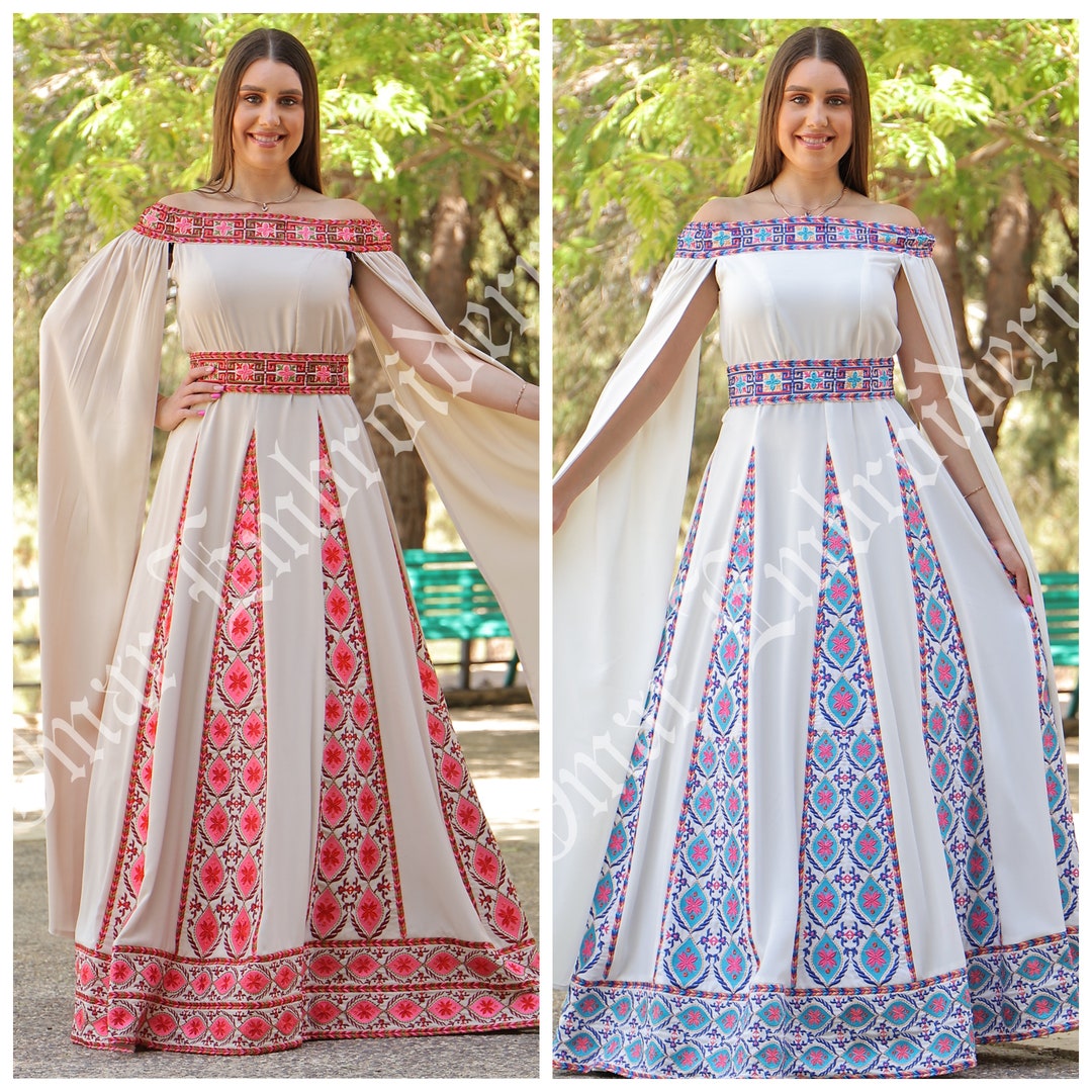Palestinian Thobe Embroidered Maxi Dress Long Sleeves Kaftan ...