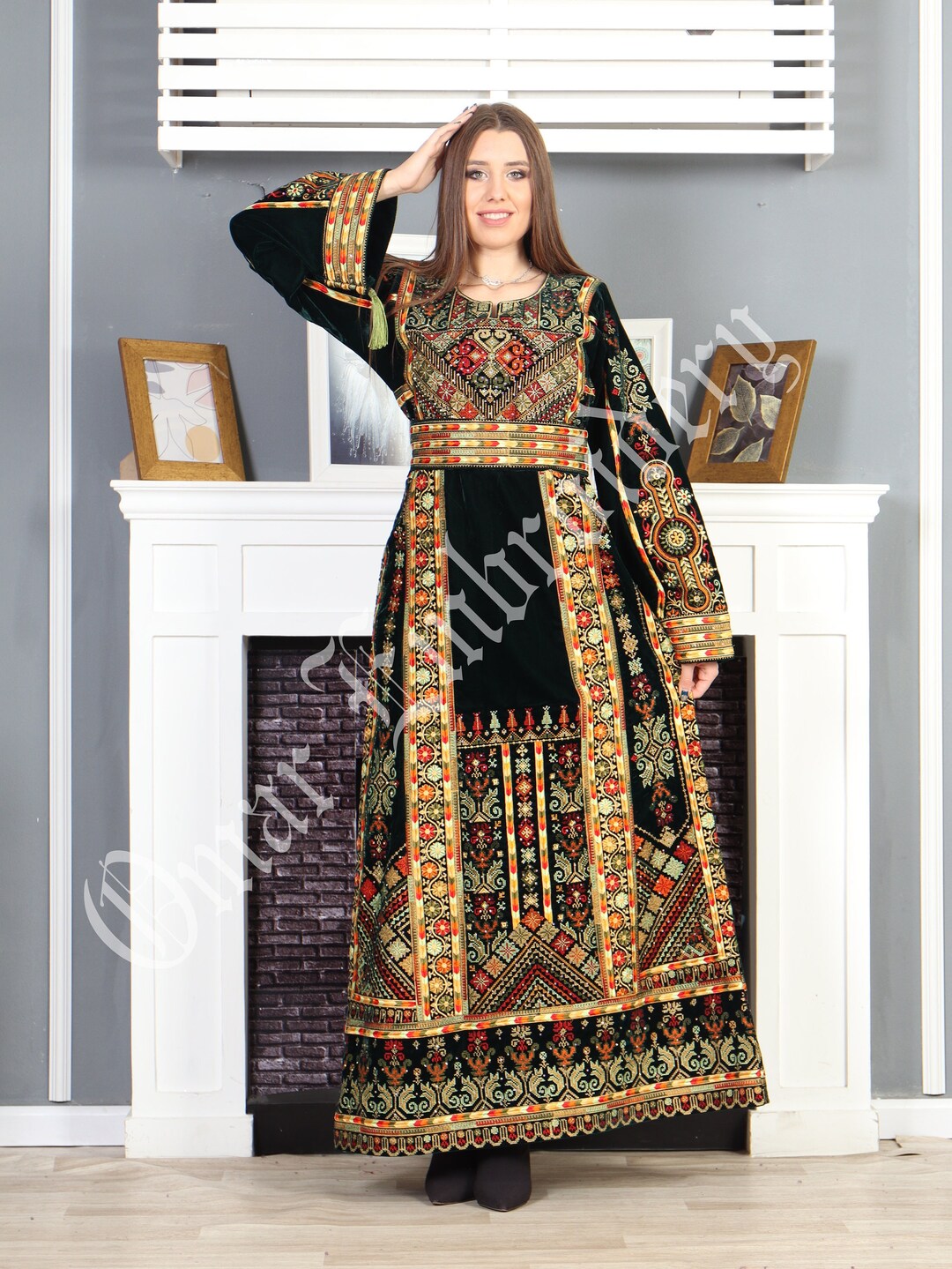 Thobe Embroidered Palestinian Velvet Maxi Dress Long Sleeves ...