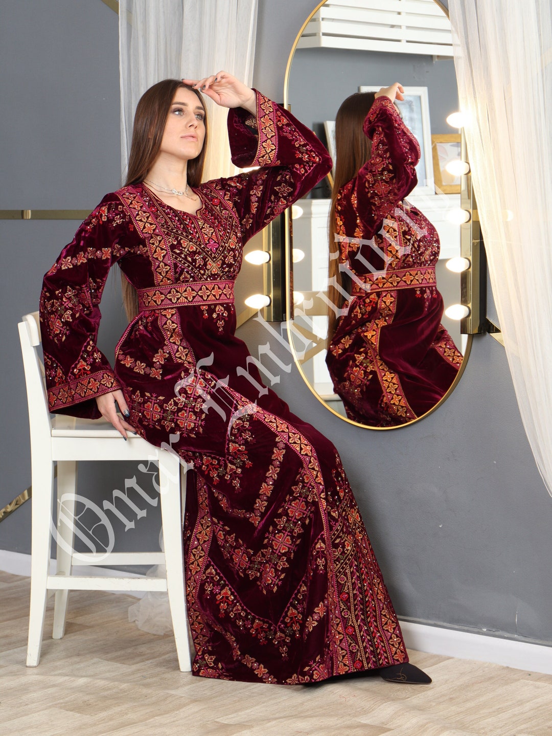 Thobe Embroidered Palestinian Velvet Maxi Dress Long Sleeves ...