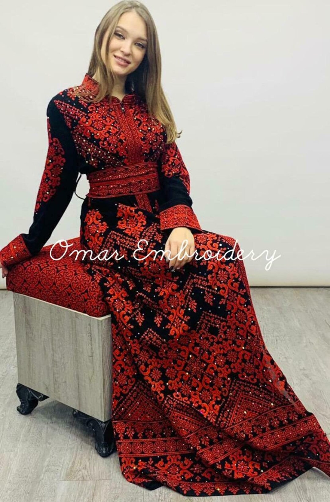 Thobe Embroidered Palestinian Maxi Dress Long Sleeves Kaftan ...