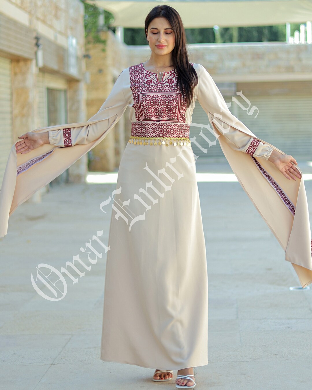 Palestinian Thobe / Abaya Embroidered Maxi Dress Long Sleeves Dress ...