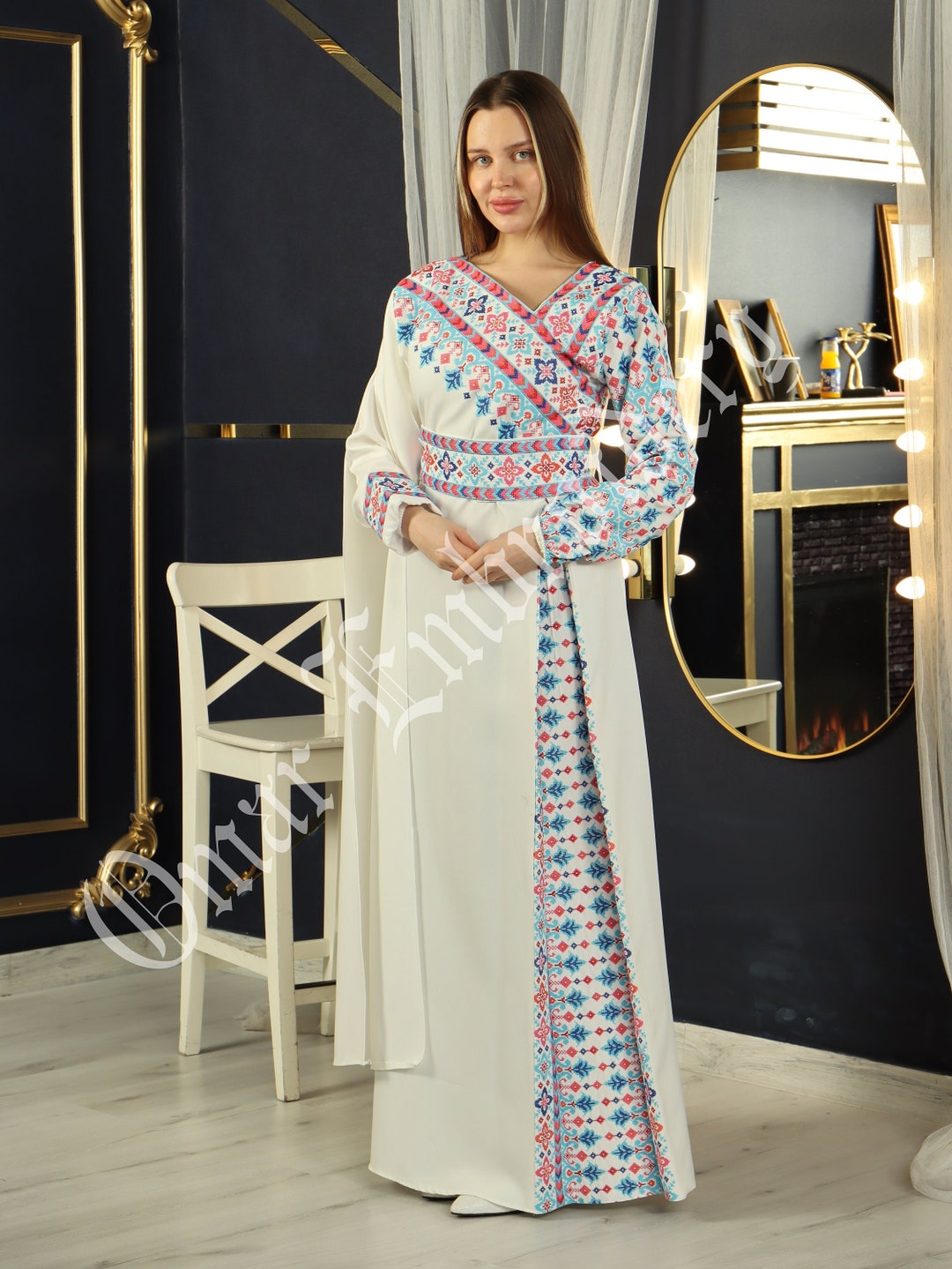 Palestinian Thobe Embroidered Maxi Dress Long Sleeves Kaftan ...