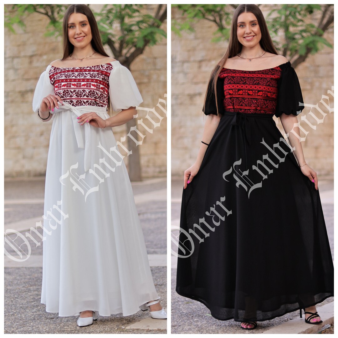 Palestinian Thobe Abaya Embroidered Maxi Dress Long Sleeves Kaftan ...