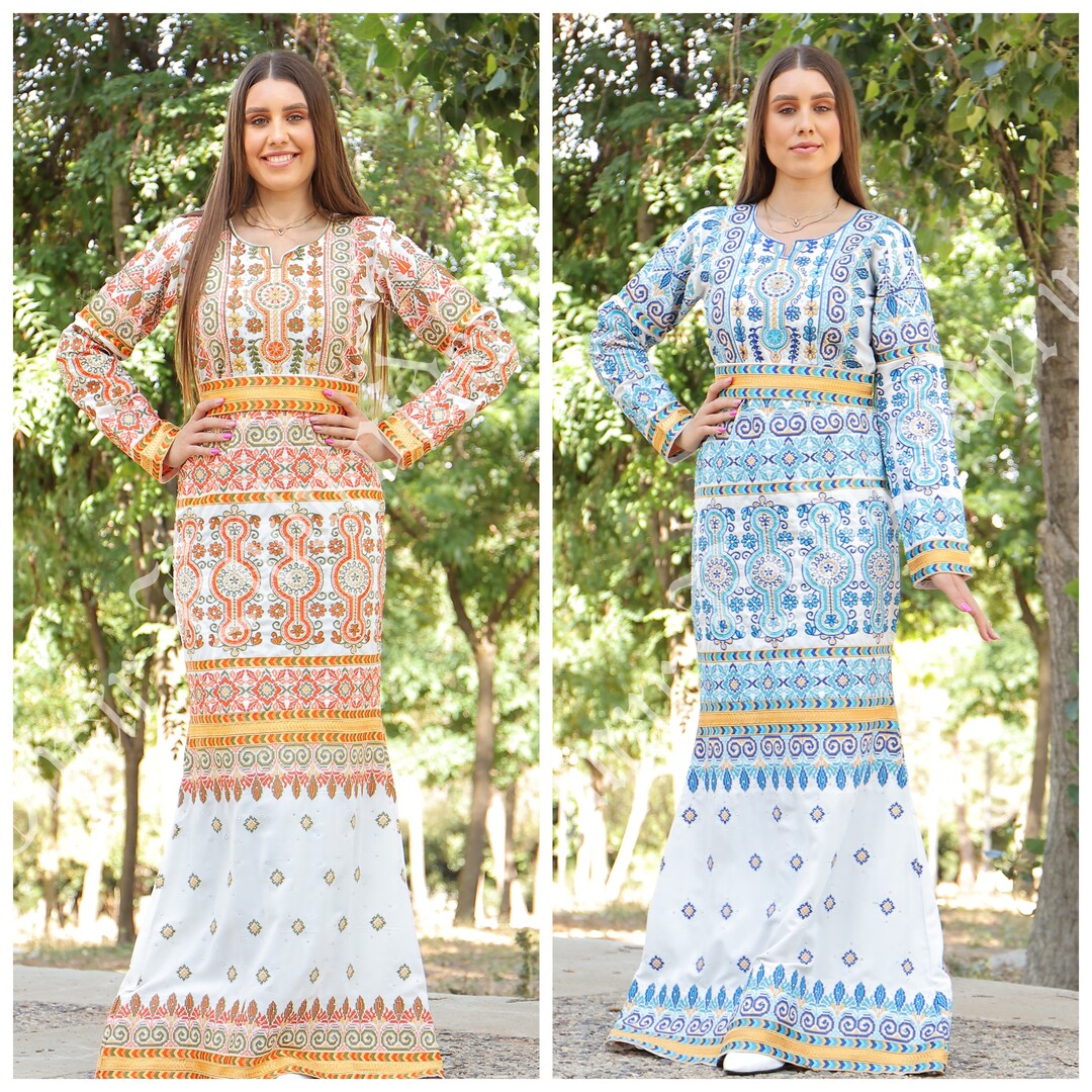 Palestinian Thobe Embroidered Maxi Dress Long Sleeves Kaftan ...