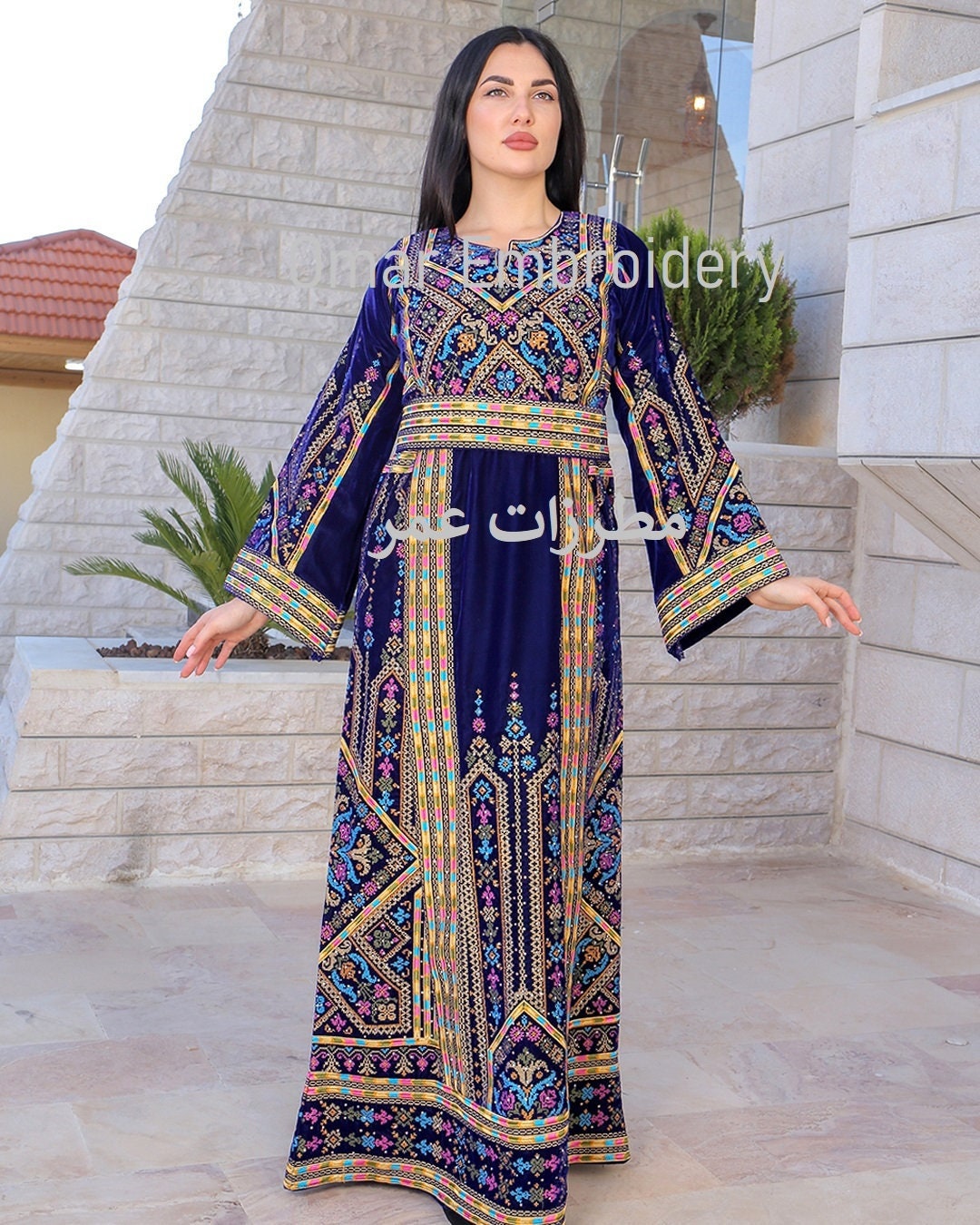 Palestinian Thobe Embroidered Velvet Maxi Dress Long Sleeves Kaftan ...