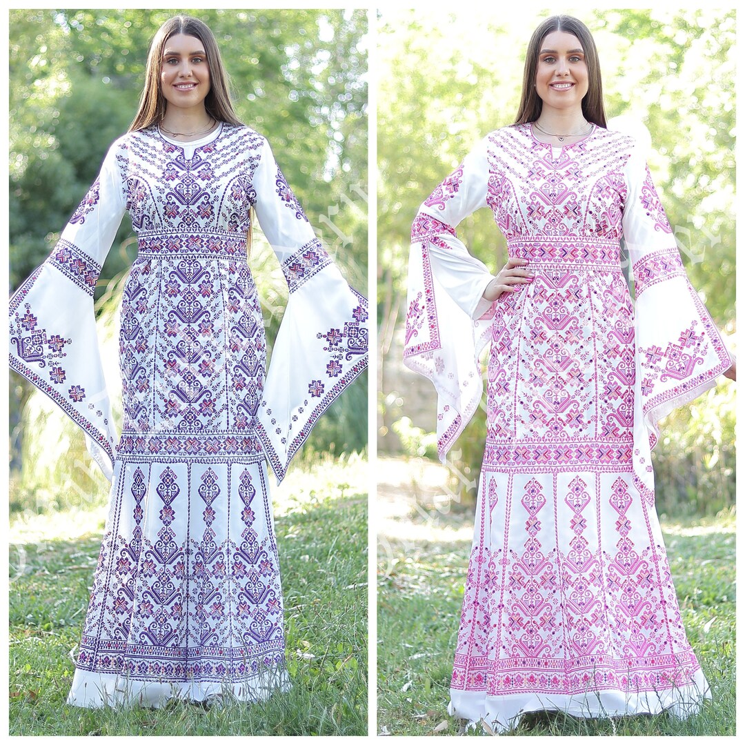 Palestinian Thobe Embroidered Maxi Modern Dress Long Sleeves Kaftan ...