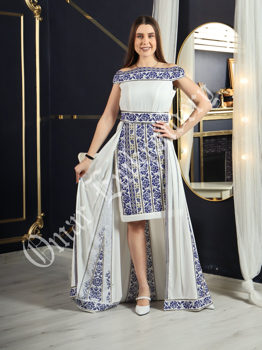 Palestinian Thobe Embroidered Maxi Dress Cut Sleeves Modern Palestinian ...