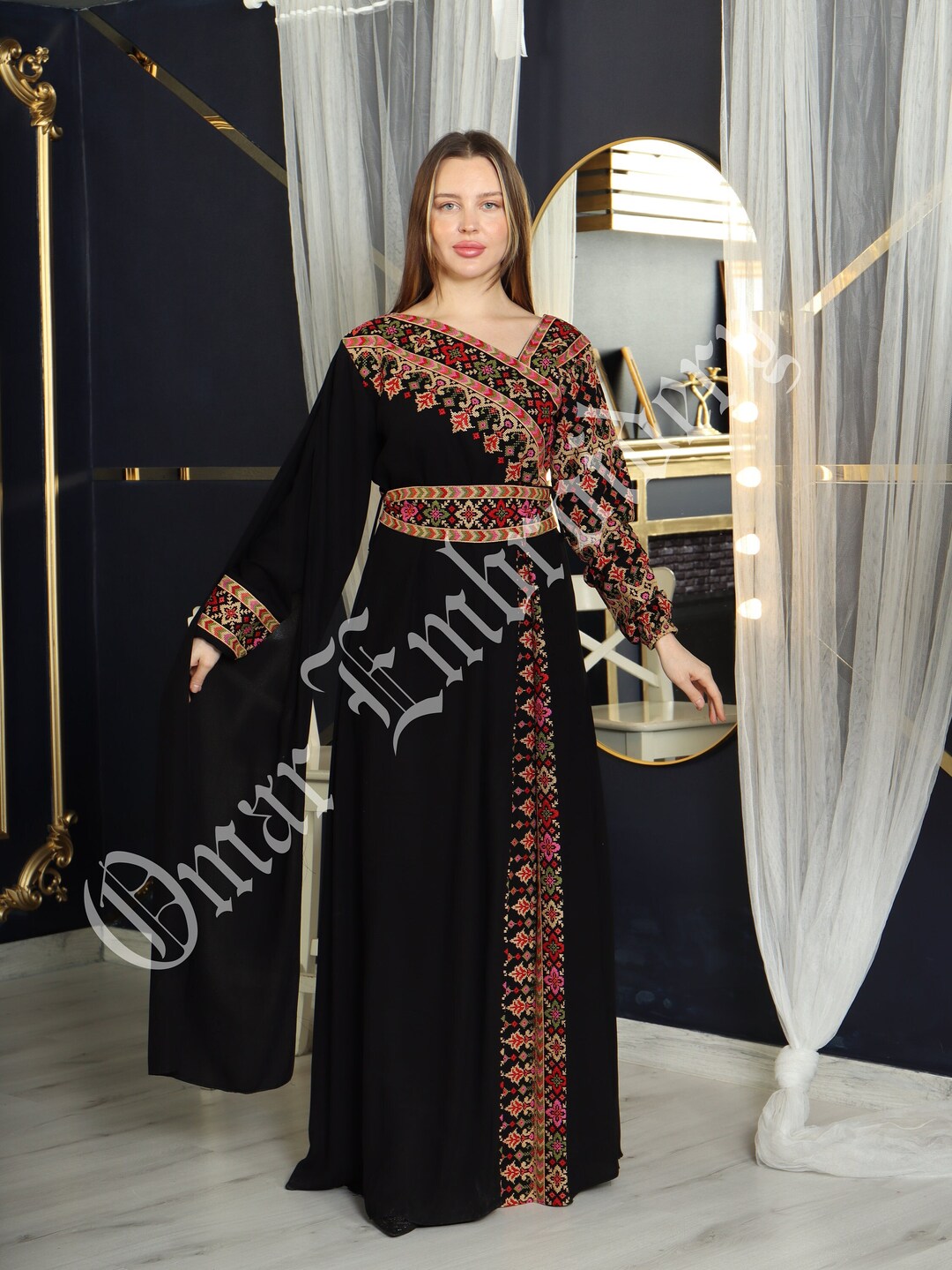 Palestinian Thobe Abaya Embroidered Maxi Dress Long Sleeves Kaftan ...