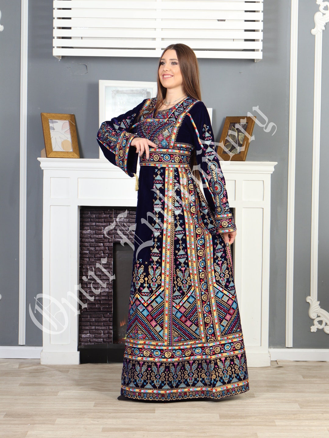 Thobe Embroidered Palestinian Velvet Maxi Dress Long Sleeves ...