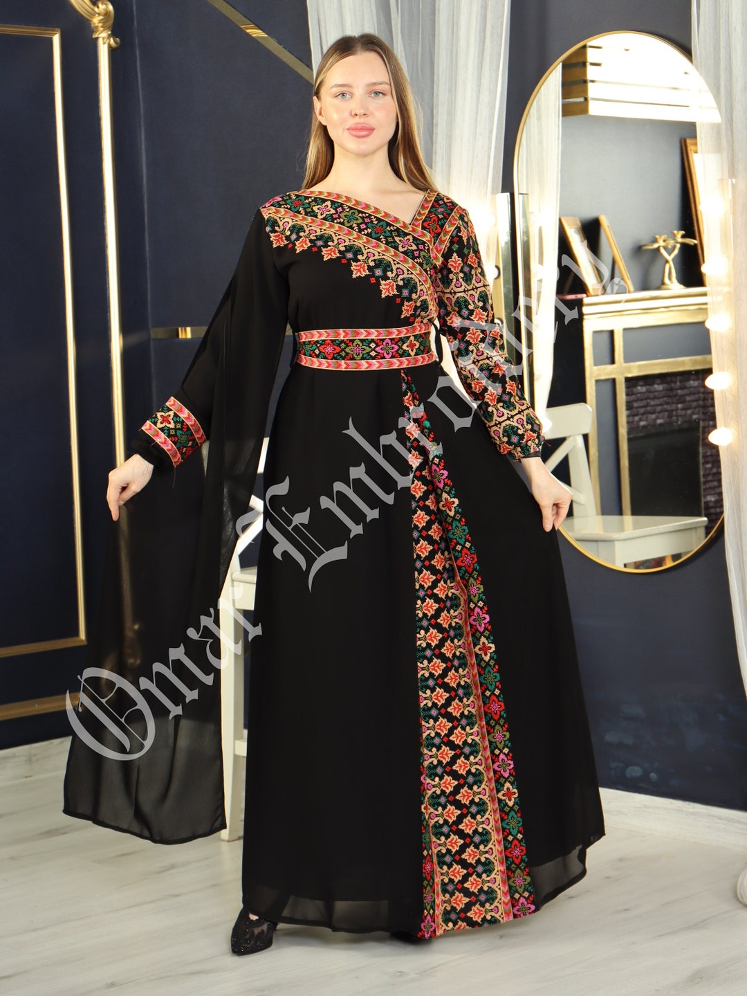 Palestinian Thobe Embroidered Maxi Dress Long Sleeves Kaftan ...