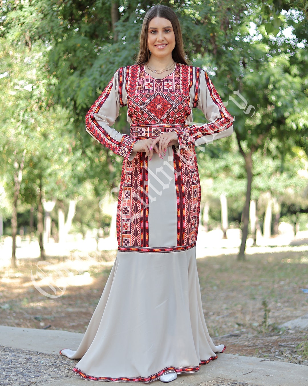 Palestinian Thobe Embroidered Maxi Dress Long Sleeves Kaftan ...