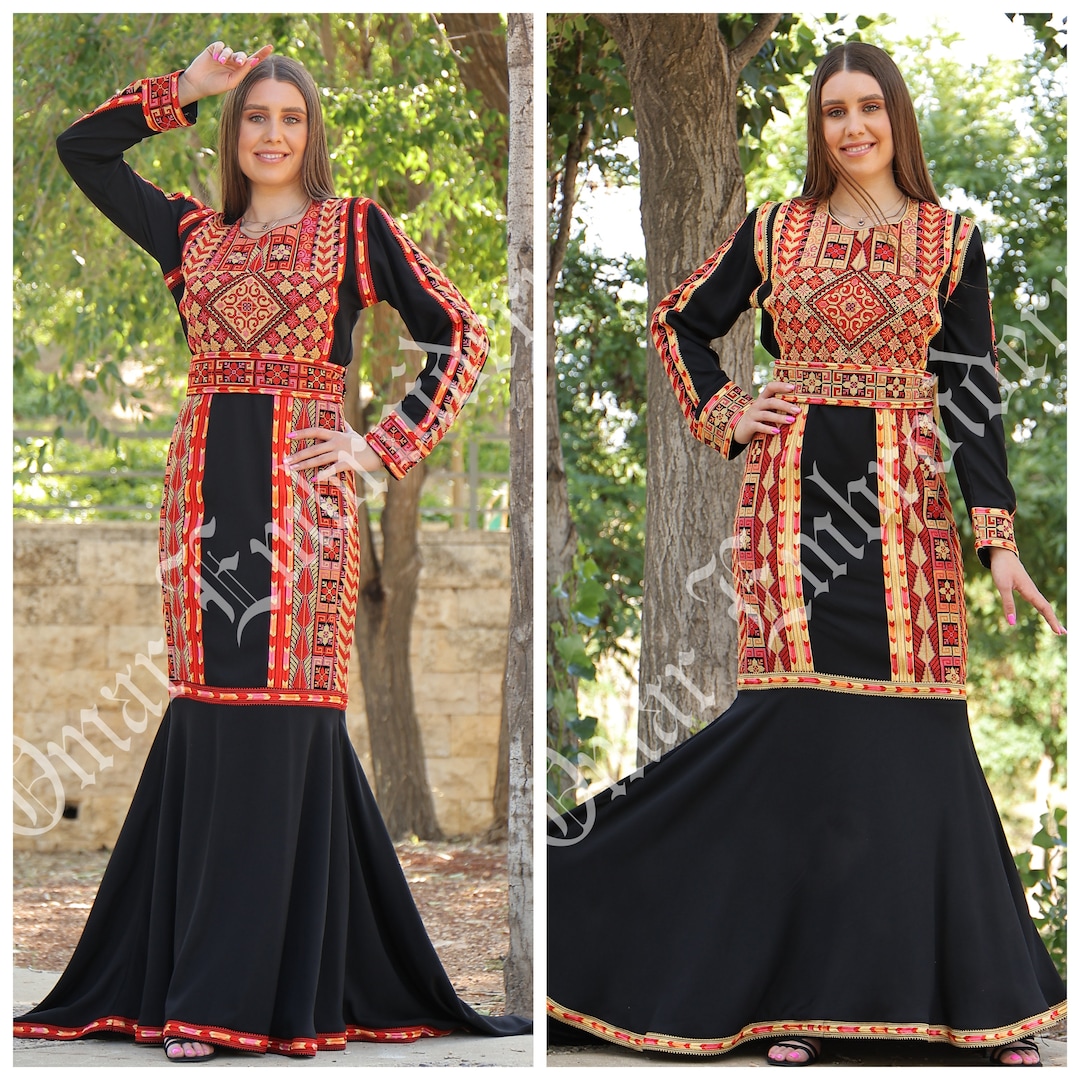Palestinian Thobe Embroidered Maxi Dress Long Sleeves Kaftan ...