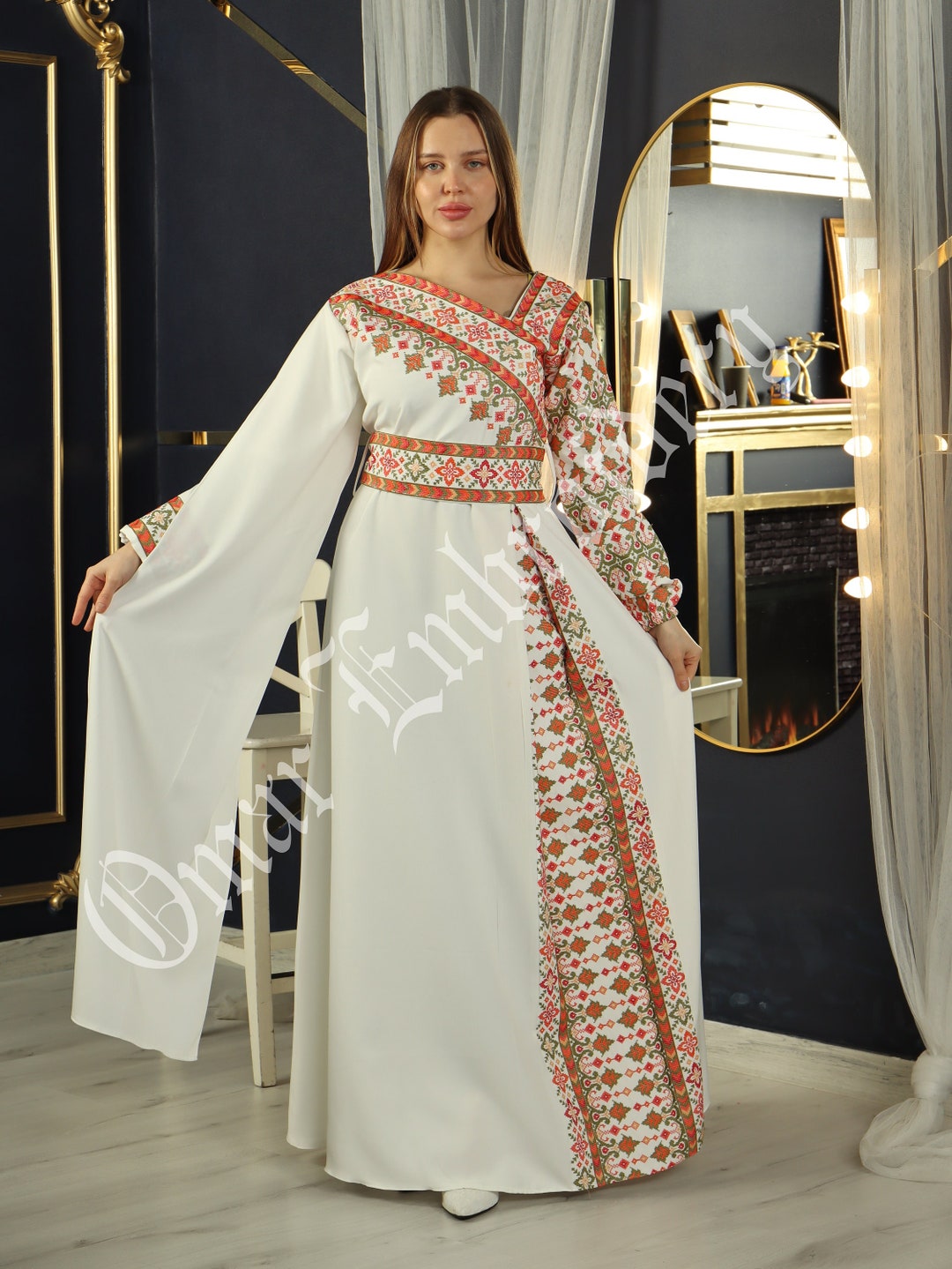 Palestinian Thobe Embroidered Maxi Dress Long Sleeves Kaftan ...