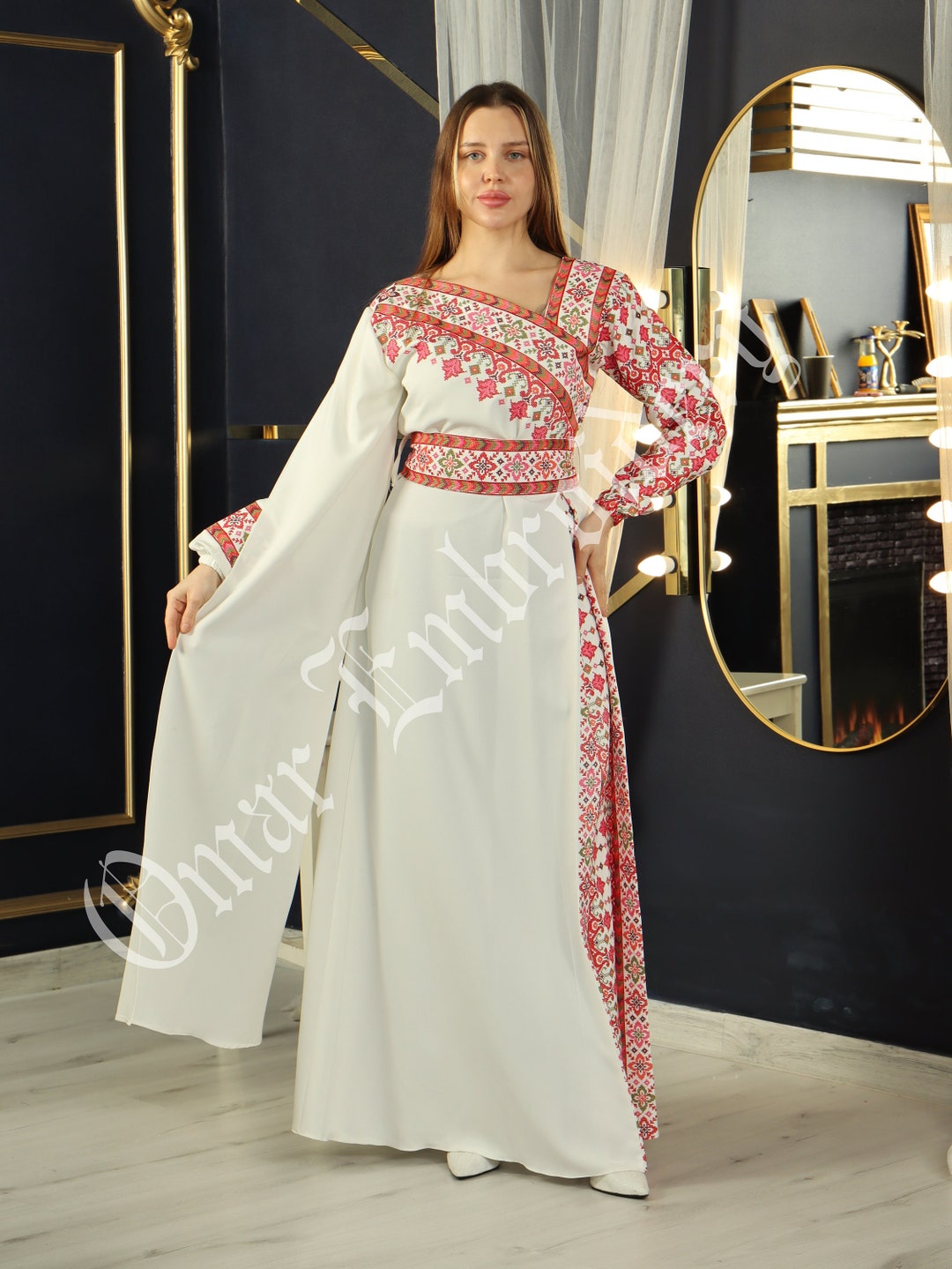 Palestinian Thobe Embroidered Maxi Dress Long Sleeves Kaftan ...
