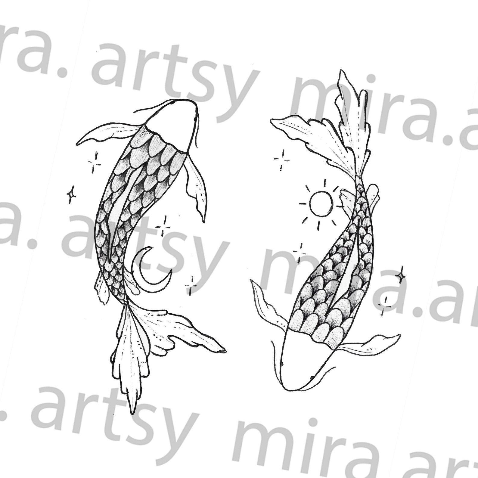 Koi Fish Matching Sun and Moon Drawing Scan - DIGITAL DOWNLOAD for ...