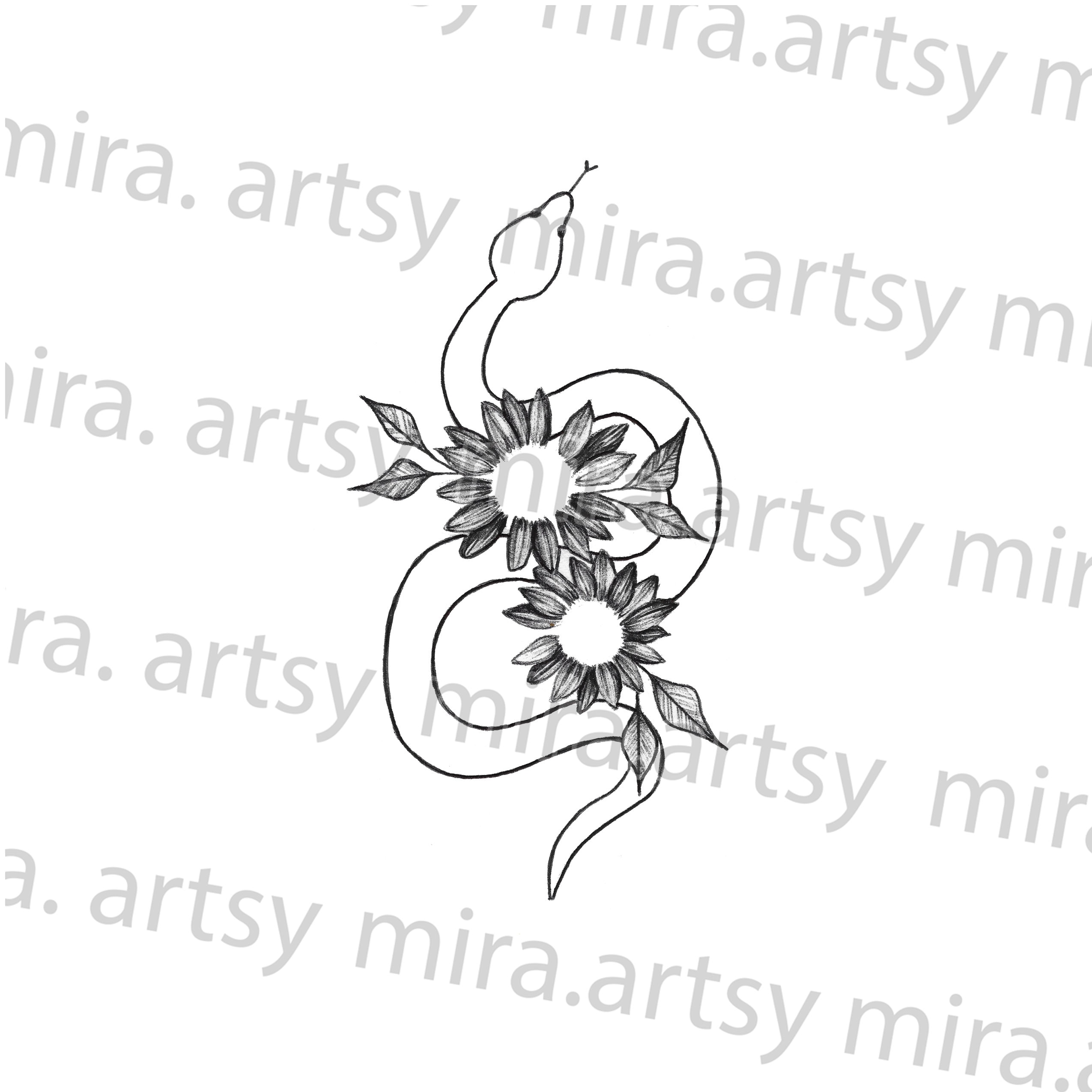 Sunflower Snake Drawing Scan - DIGITAL DOWNLOAD for Tattoo Design or ...