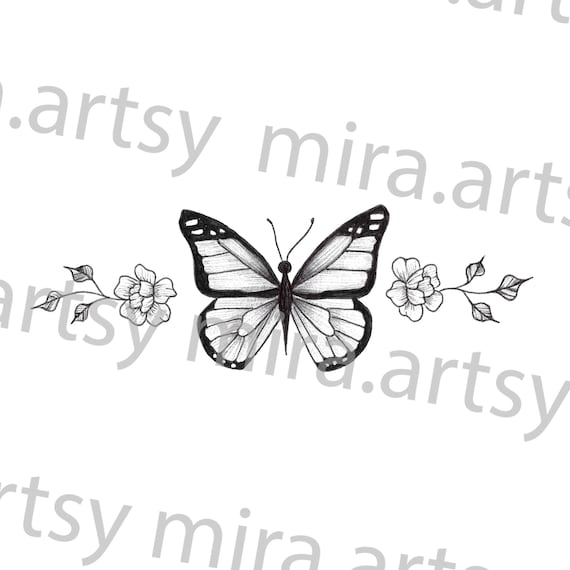Monarch Butterfly Peony Floral Drawing Scan DIGITAL DOWNLOAD - Etsy