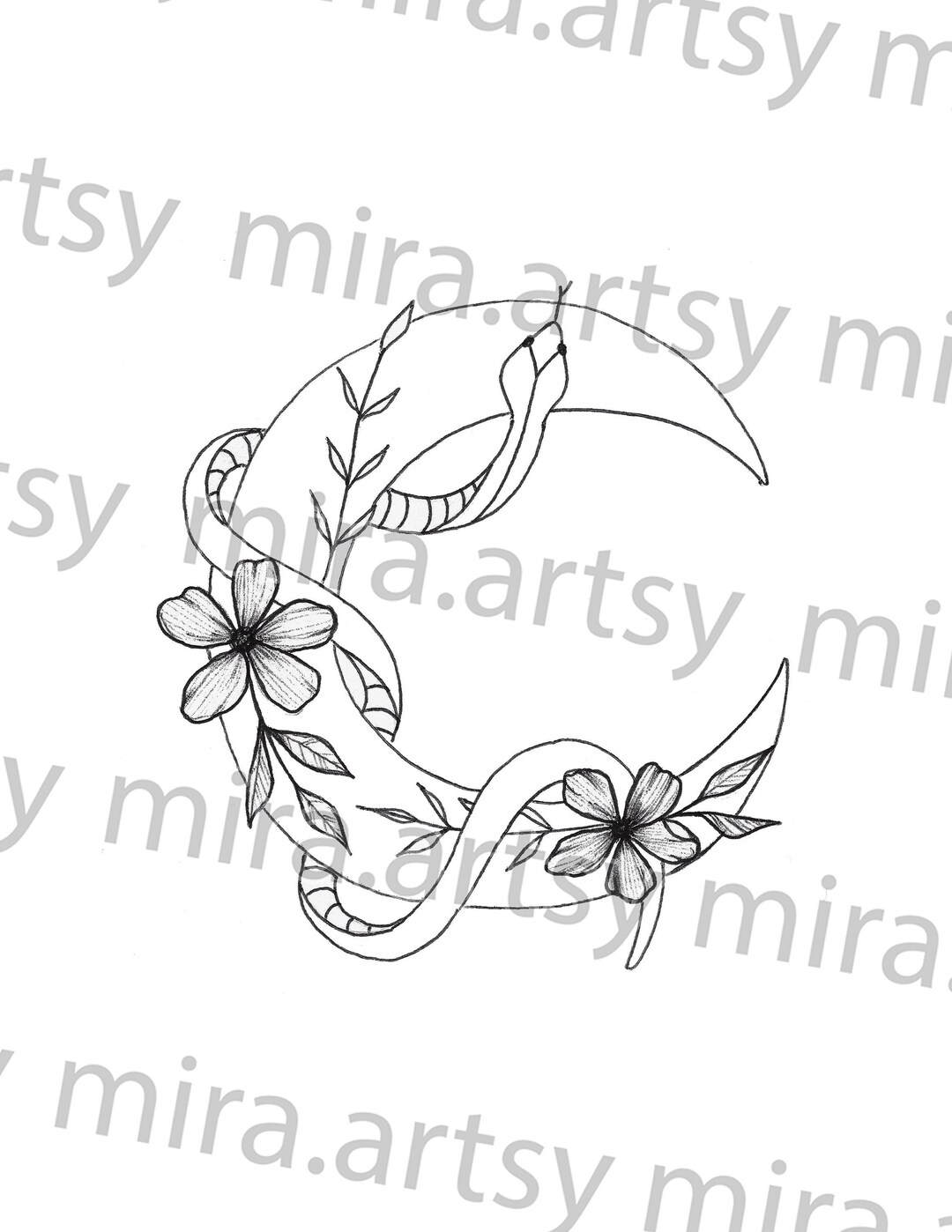Floral Snake Moon/celestial Drawing Scan - DIGITAL DOWNLOAD for Tattoo ...