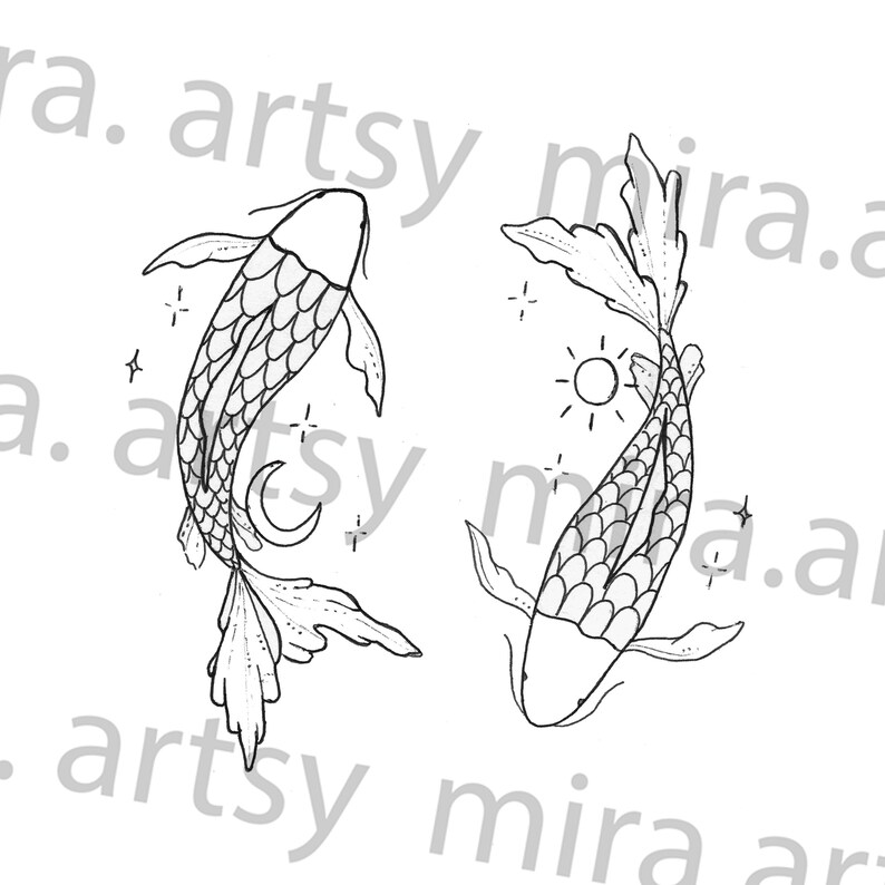 Koi Fish Matching Sun and Moon Drawing Scan - DIGITAL DOWNLOAD for ...