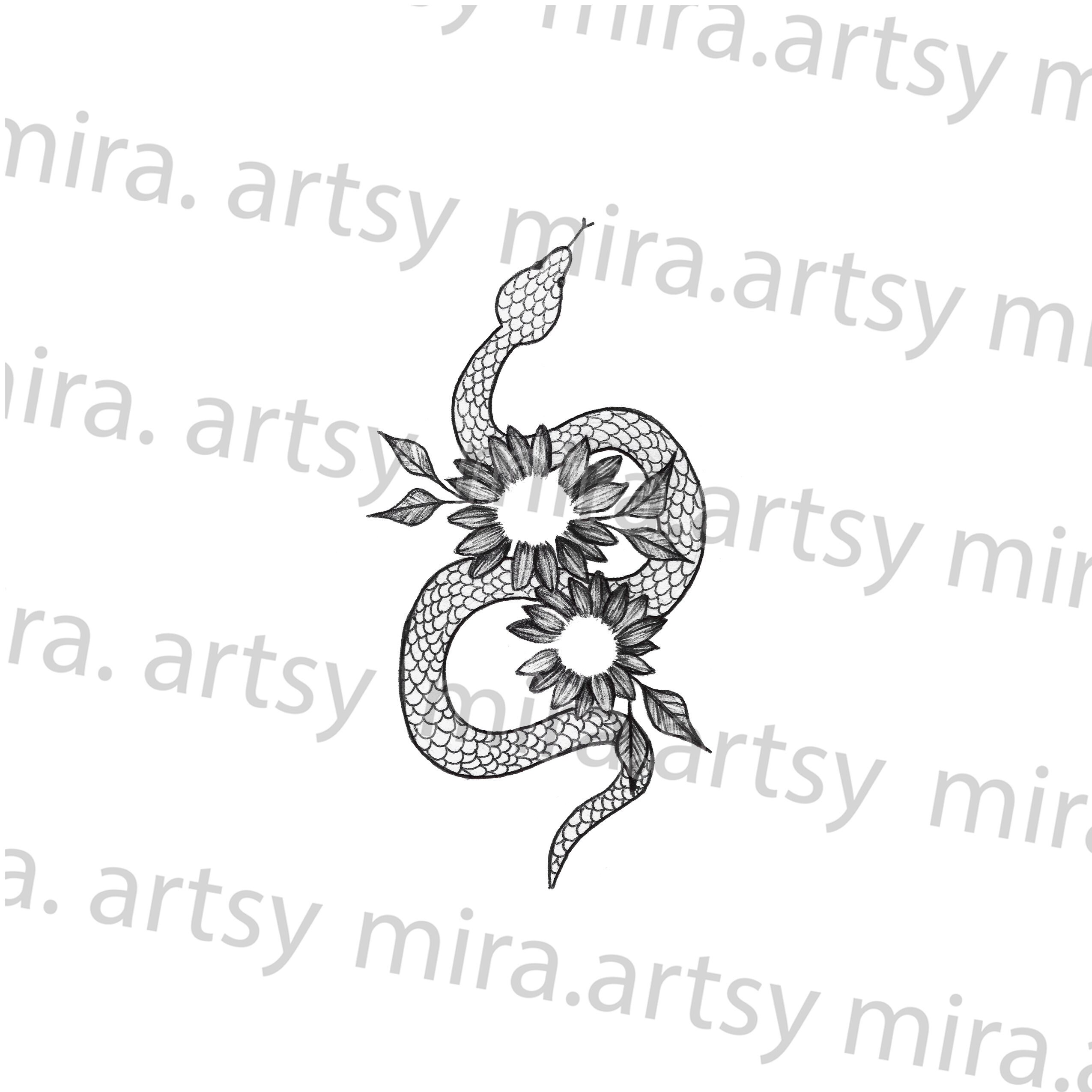 Sunflower Snake Drawing Scan - DIGITAL DOWNLOAD for Tattoo Design or ...