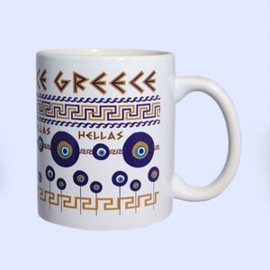 Evil Eye With Greek Key Desing Mug, Porcelain Greek Cup for Coffee ...