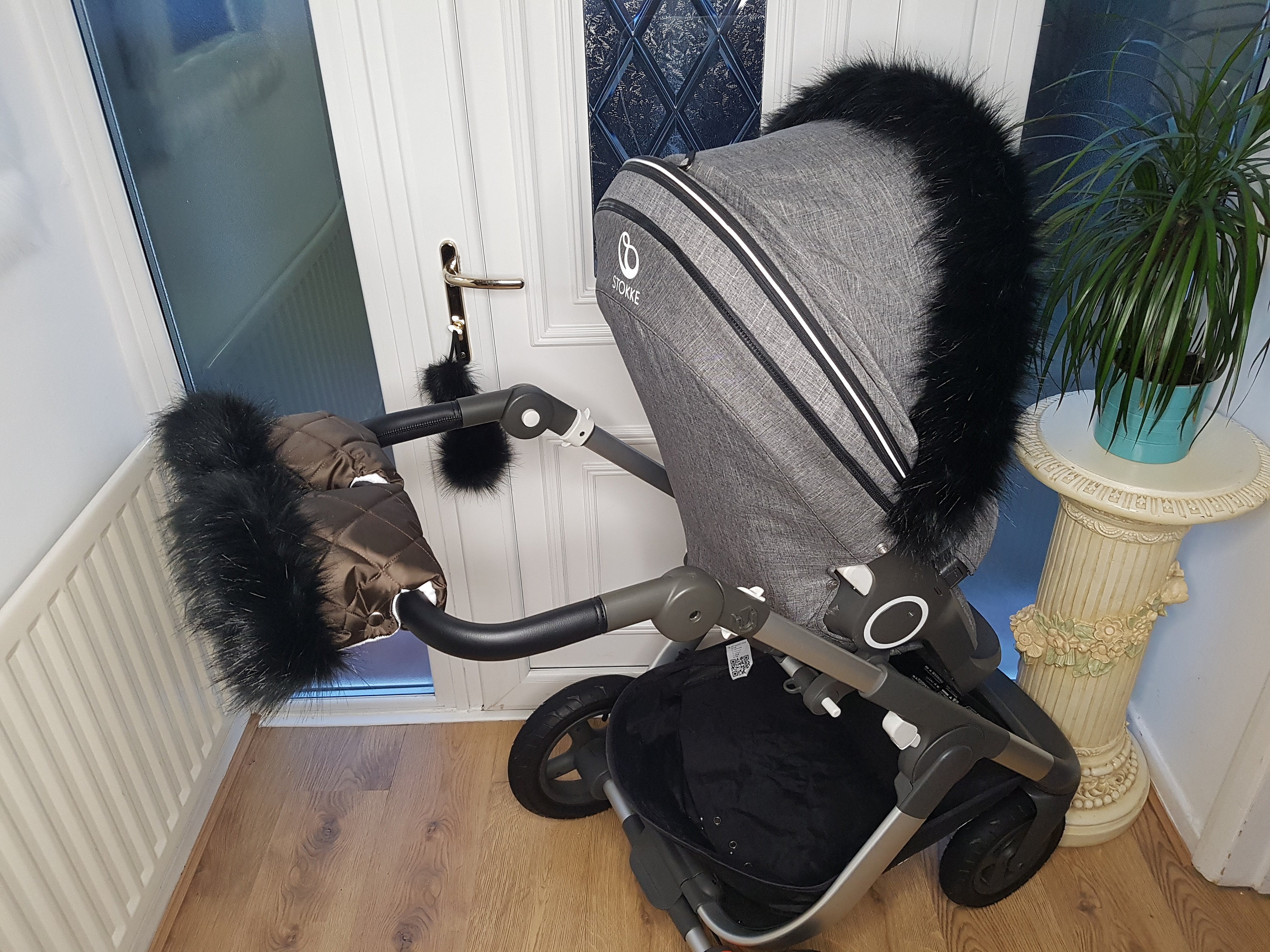 Baby Pram Brown Hand Mittens Winter Kit With Black Fur Warmers Stroller ...