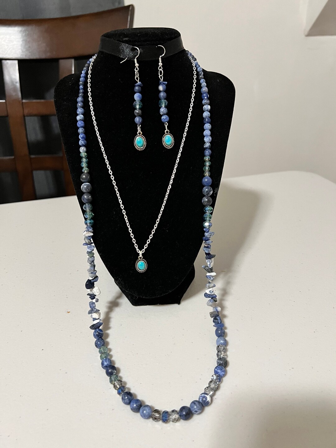Blue Semi-precious Beads Necklace Earrings Set, Semi Beads Necklaces ...