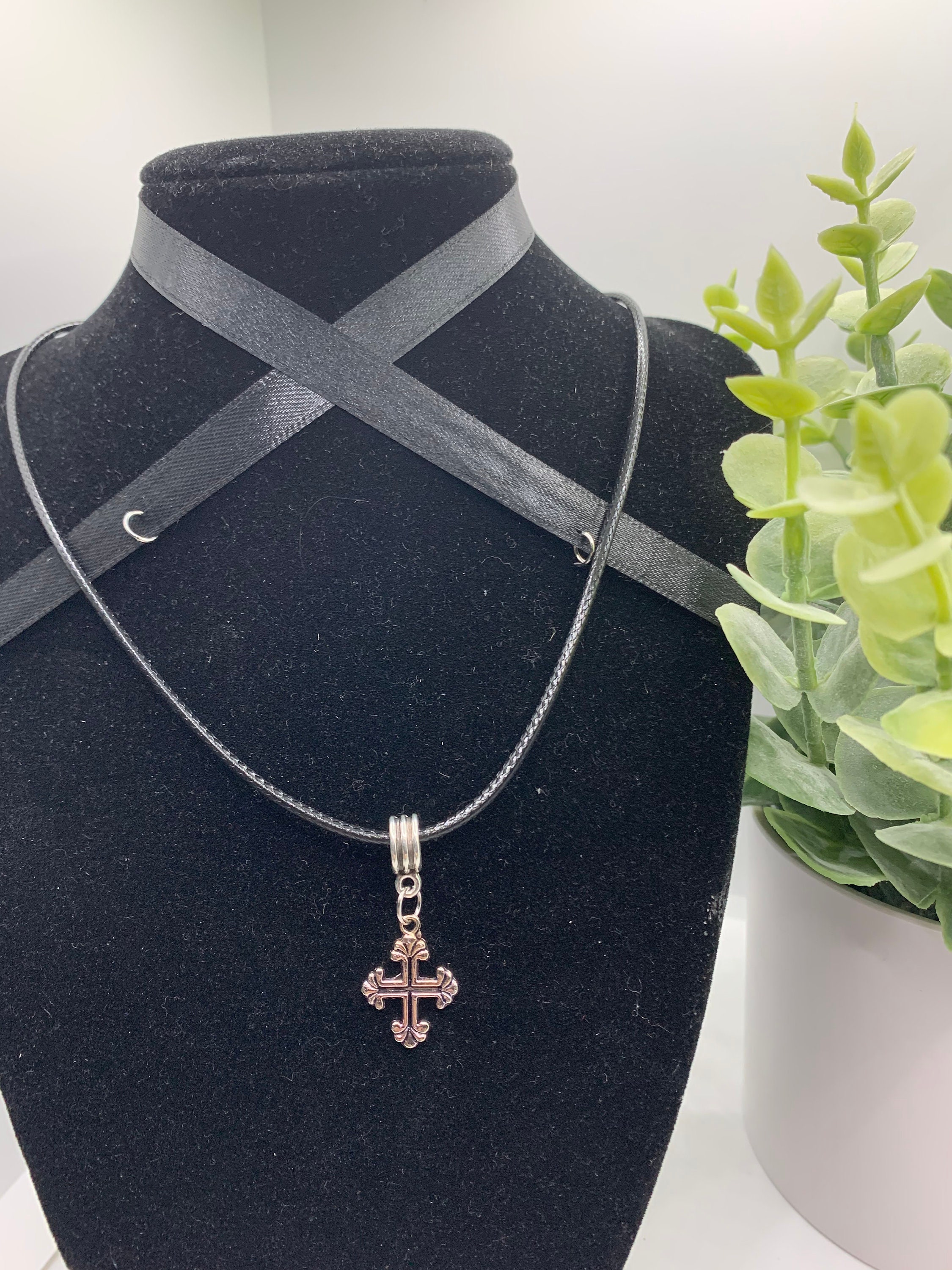 Black Waxed Cord Cross Necklaces, 18 Inch Black Waxed Cross Necklace ...