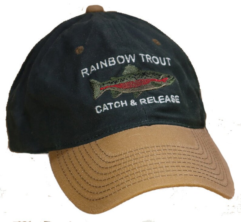Waxed Canvas Cap Embroidered Rainbow Trout Catch & Release Logo forest ...