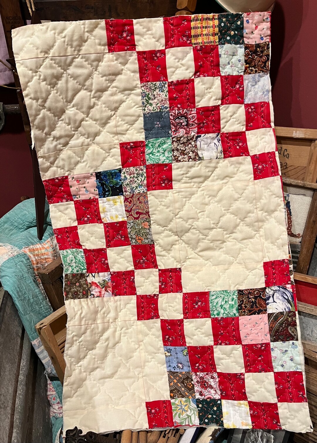 Vintage Red Quilt Piece, Cutter Quilt Piece, Hand Quilted, Repurposed ...