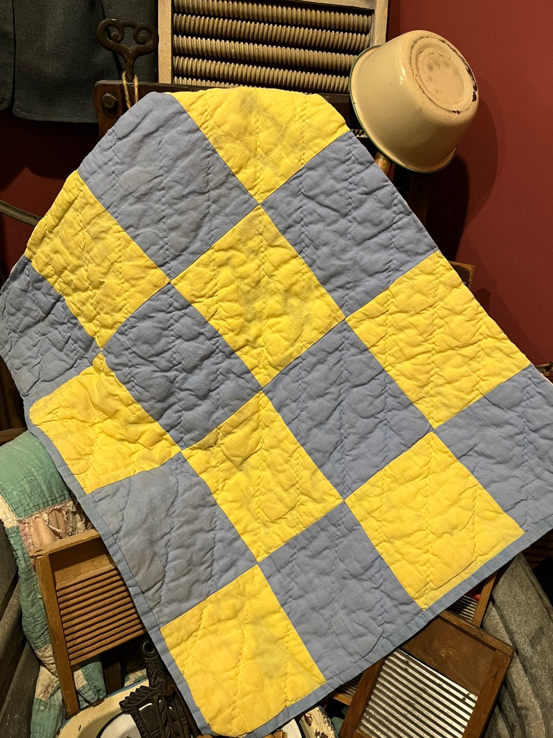 Cutter Quilt Piece Blue & Yellow Quilt Hand Stitched Hand - Etsy