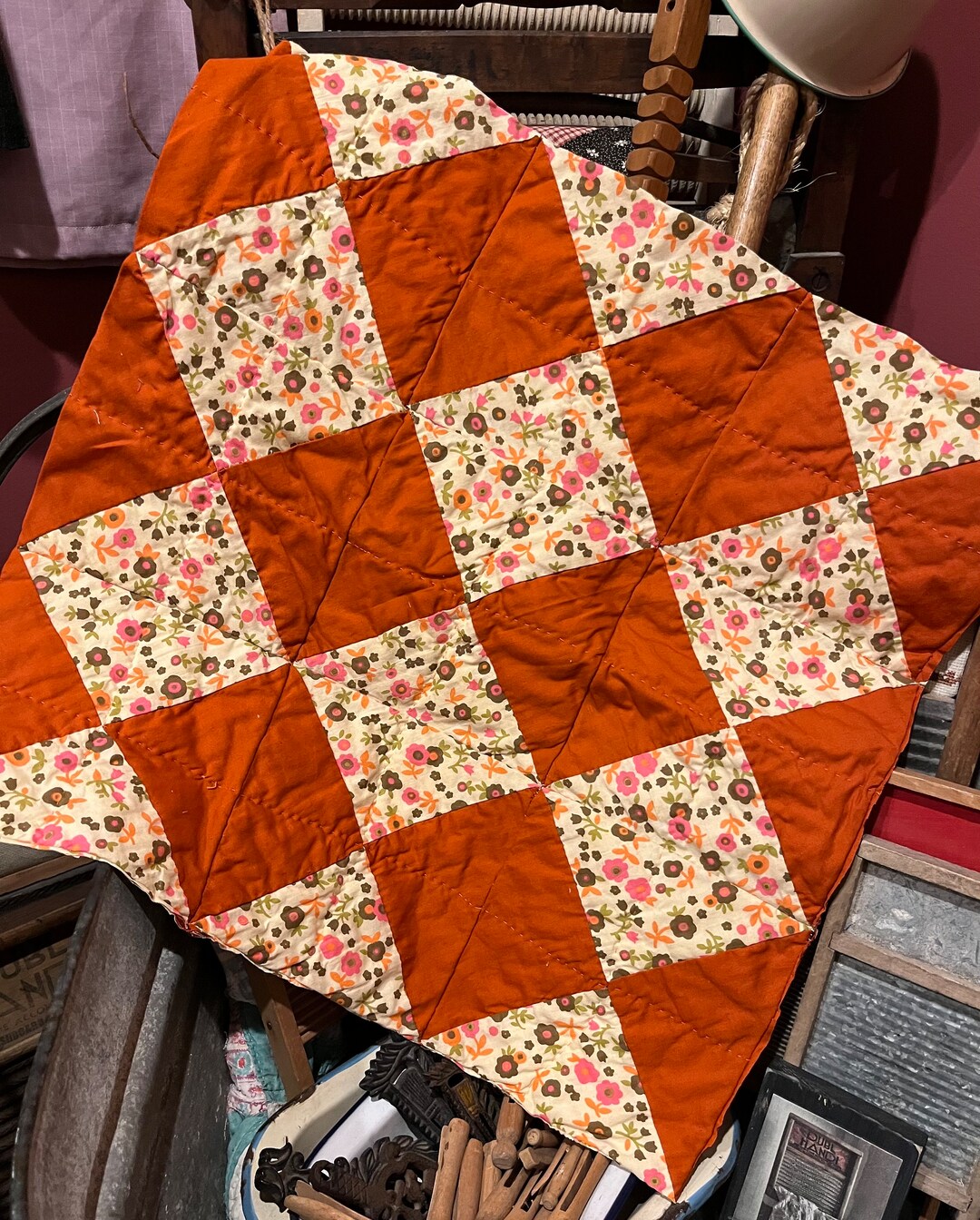 Vintage Rust Quilt Piece, Hand Quilted, Cutter Quilt Piece, Repurposed ...