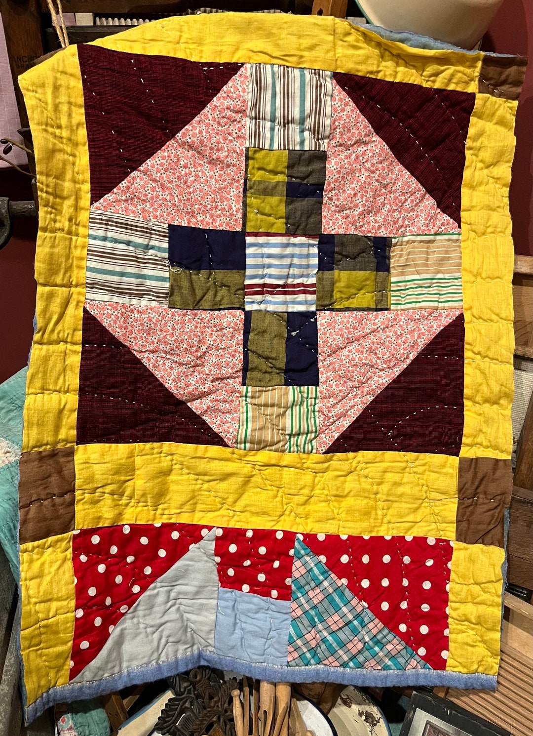 Vintage Quilt Piece, Antique Quilt Piece, Hand Quilted, Cutter Quilt ...