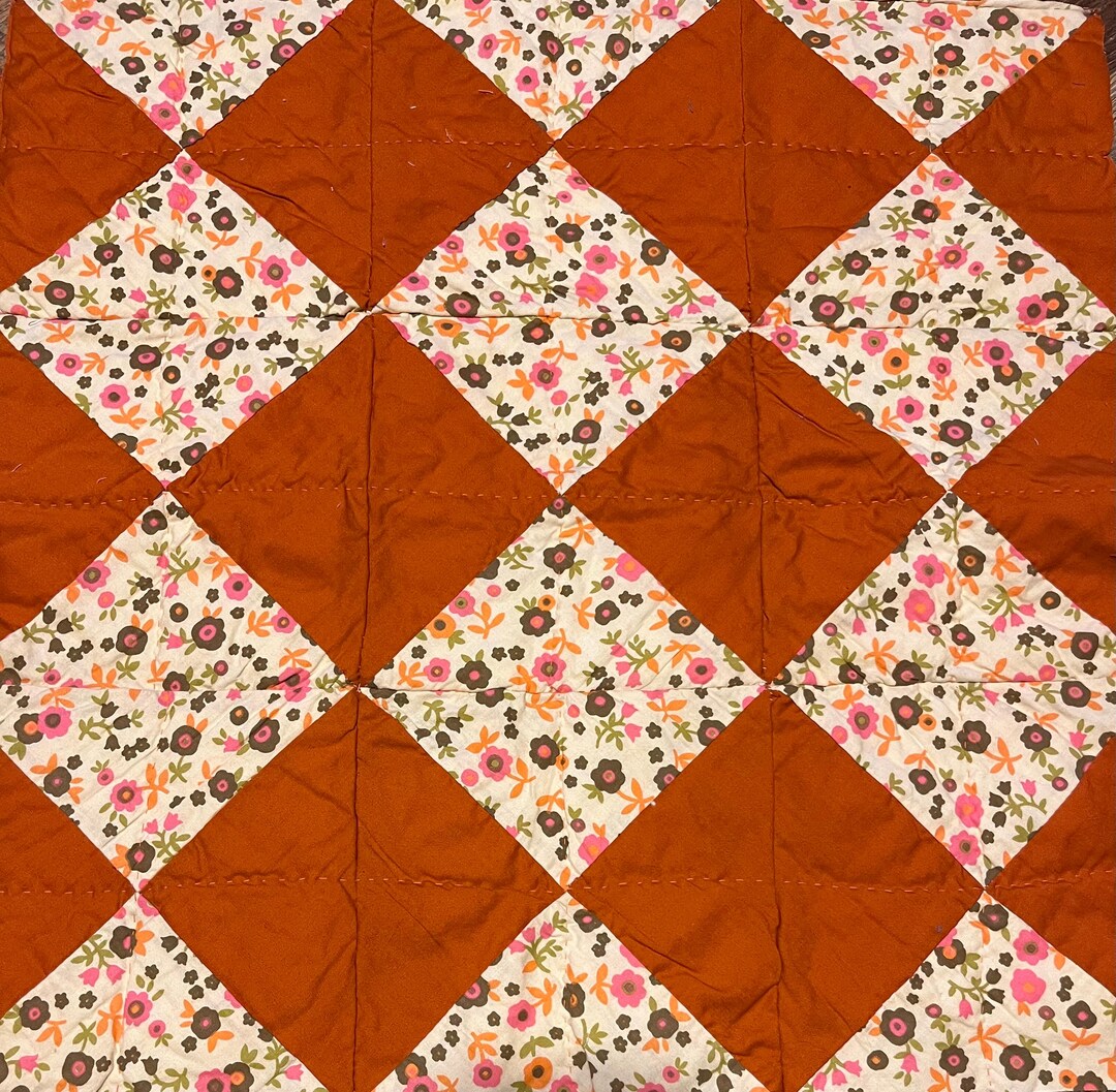 Vintage Rust & Floral Quilt Piece, Cutter Quilt Piece, Hand Quilted ...