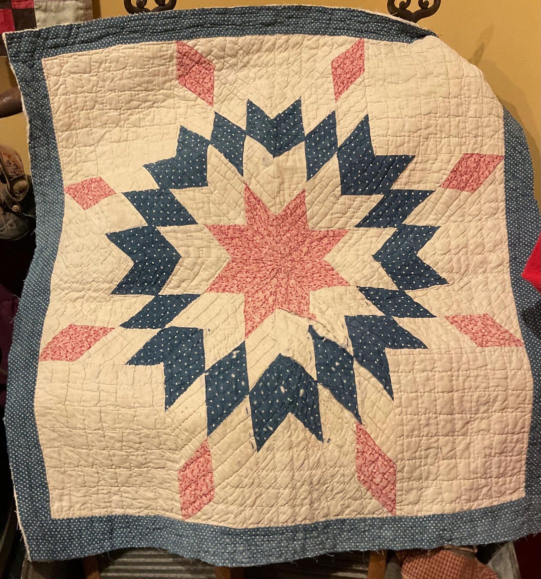 Vintage Pink & Blue Star Quilt PIECE, Antique Quilt Piece, Hand Quilted ...