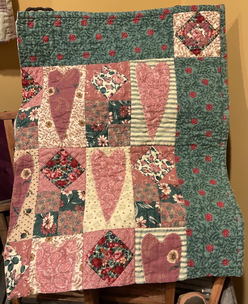Vintage Green & Mauve Quilt Piece, Heart Quilt, Repurposed Quilt ...