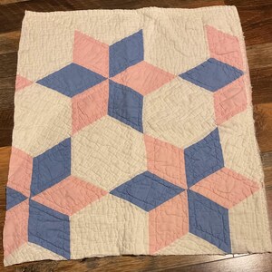 Vintage Pink & Blue Quilt Piece, Antique Quilt Piece, Hand Quilted, Cutter Quilt Piece ...
