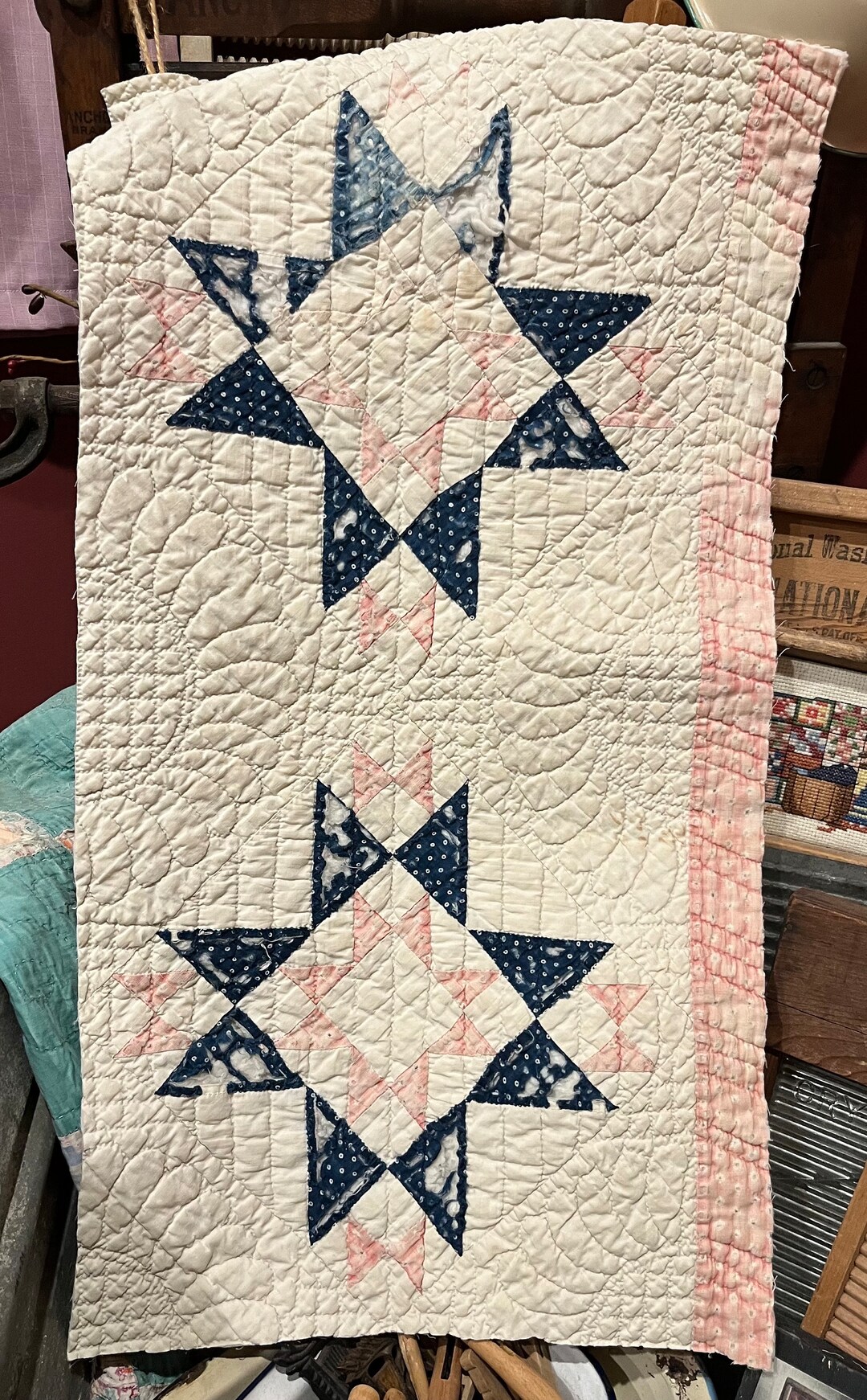 Vintage Pink & Blue Quilt Piece, Antique Quilt Piece, Hand Quilted, Cutter Quilt Piece ...