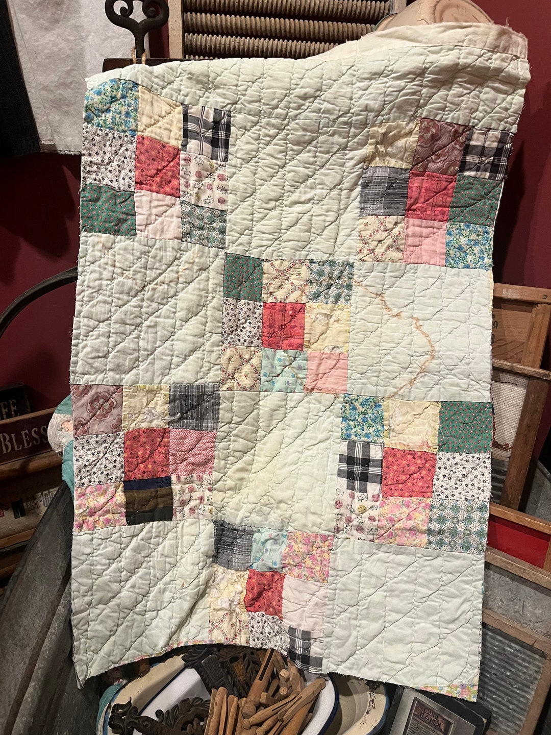 Vintage Quilt Piece, Antique Quilt Piece, Hand Quilted, Cutter Quilt ...