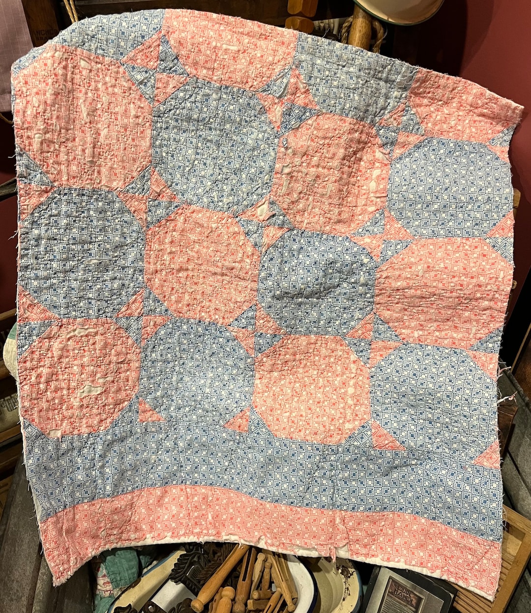 Vintage Pink & Blue Quilt Piece, Antique Quilt Piece, Hand Quilted, Cutter Quilt Piece ...
