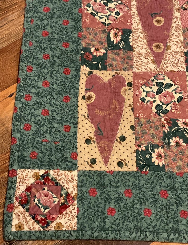 Vintage Green & Mauve Quilt PIECE, Heart Quilt, Repurposed Quilt ...