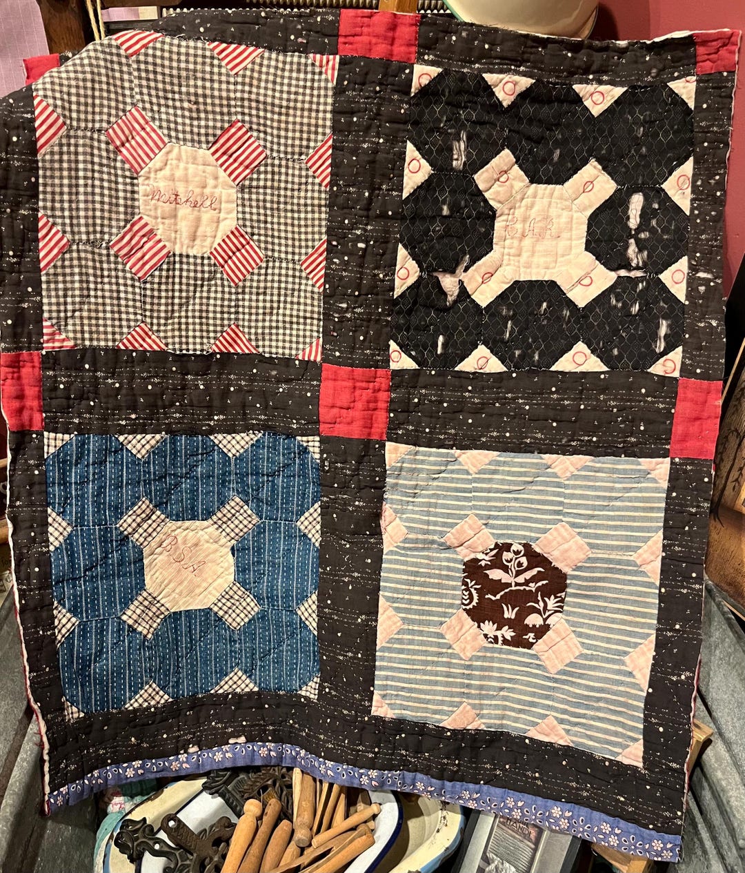 Vintage Quilt Piece, Antique Quilt Piece, Hand Quilted, Cutter Quilt ...