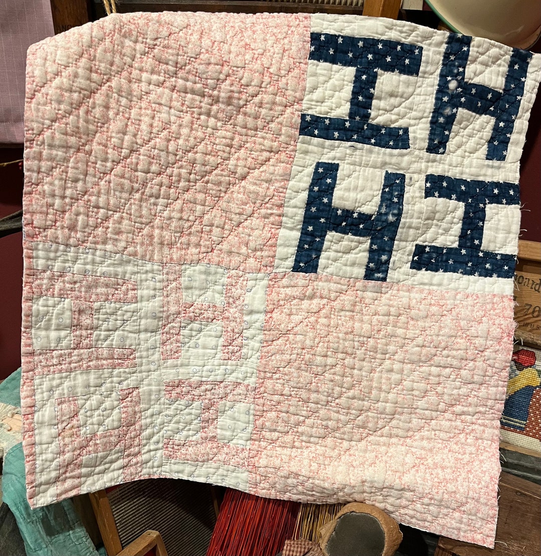 Vintage Pink & Blue Quilt Piece, Antique Quilt Piece, Hand Quilted, Cutter Quilt Piece ...