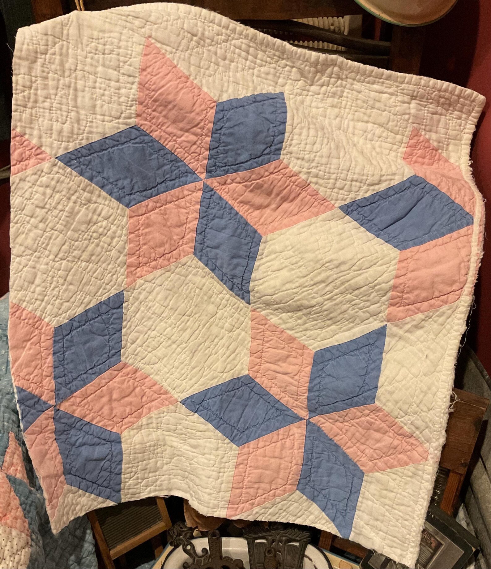 Vintage Pink & Blue Quilt Piece, Antique Quilt Piece, Hand Quilted, Cutter Quilt Piece ...