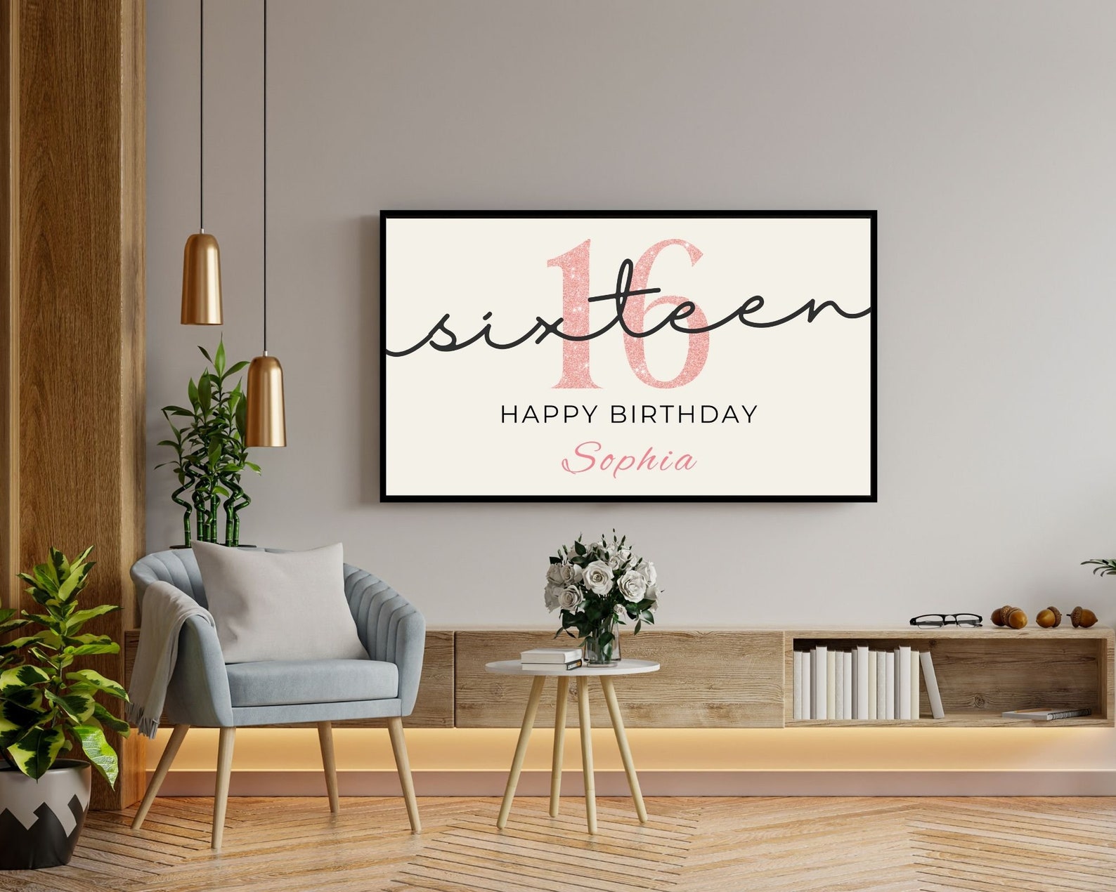 Personalized 16th Birthday Frame TV Art | Rose Glitter (digital ...